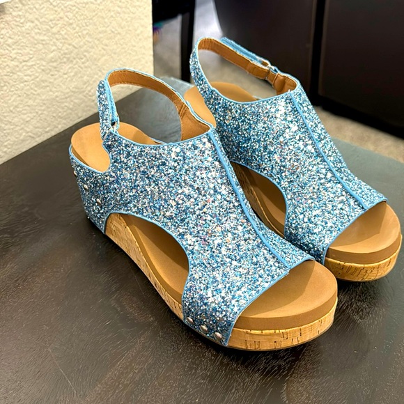 Corkys | Shoes | Corkys Carley Light Blue Chunky Glitter Wedge | Poshmark